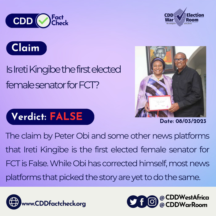 Is Ireti Kinigbe the first elected female senator for FCT?